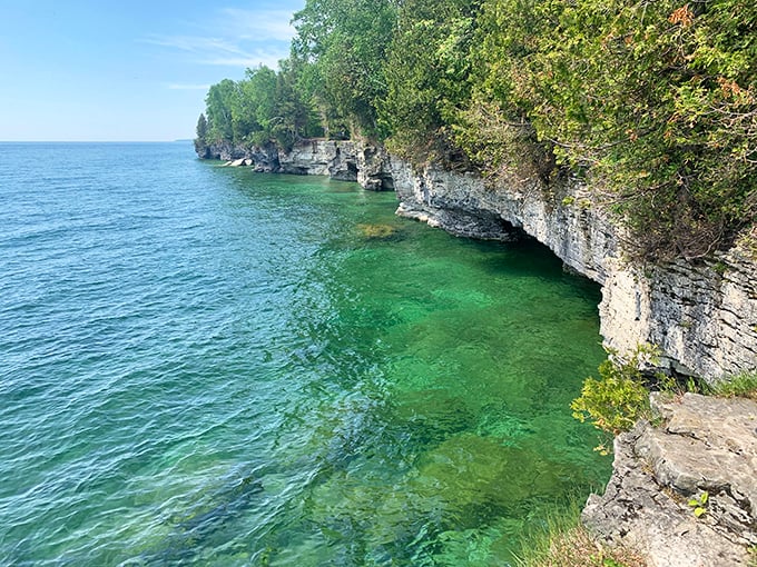 Nature's sculpture garden continues along Cave Point's shoreline, where wave action has carved fascinating formations over millennia.