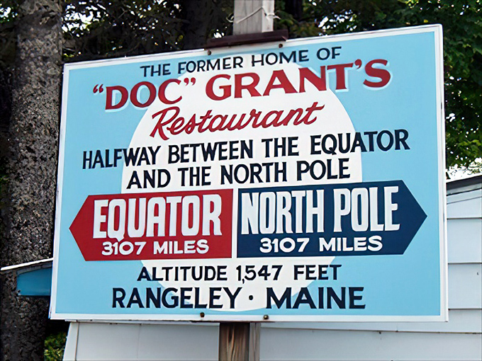 "Halfway between the equator and North Pole" - this iconic Rangeley landmark has been making travelers stop and ponder their place in the world for decades.