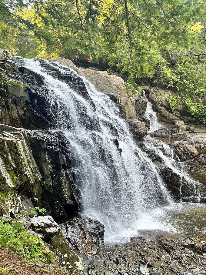 Houston Brook Falls cascades dramatically over ancient granite, creating a multi-tiered natural masterpiece that rewards those who venture off the beaten path.