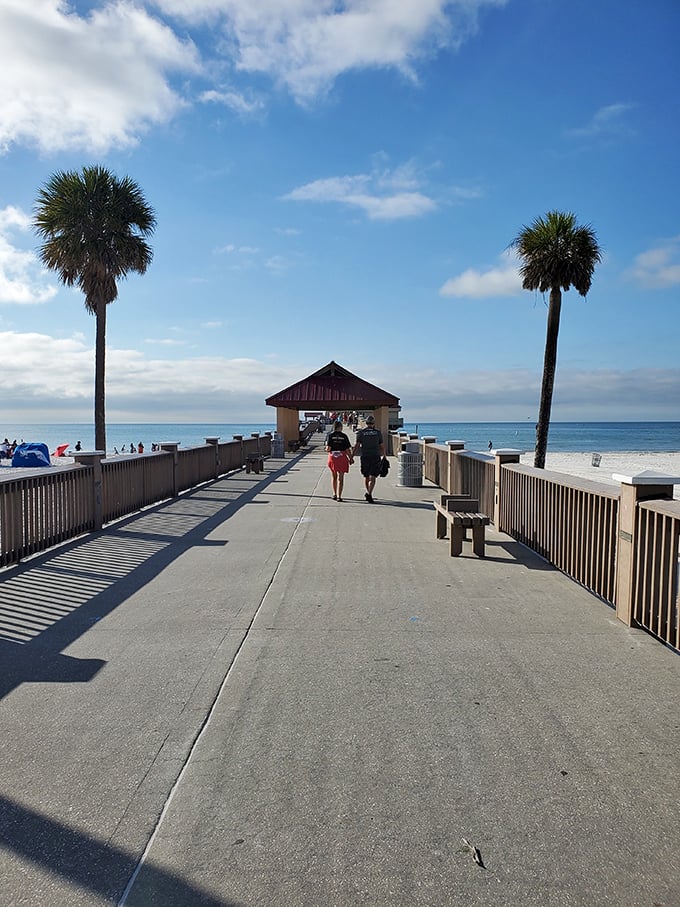 Palm trees stand like sentinels along the Pier 60 walkway, where visitors stroll toward the covered pavilion with the endless horizon beckoning beyond.
