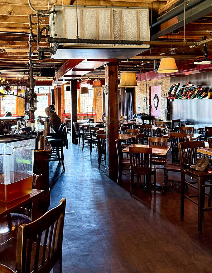 Exposed wooden beams and warm lighting create that rare atmosphere where time slows down and conversations deepen over plates of delicious food.