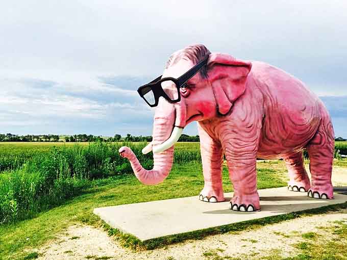 This magnificent pink pachyderm stands ready to greet visitors with the kind of enthusiasm only a giant elephant statue can muster.