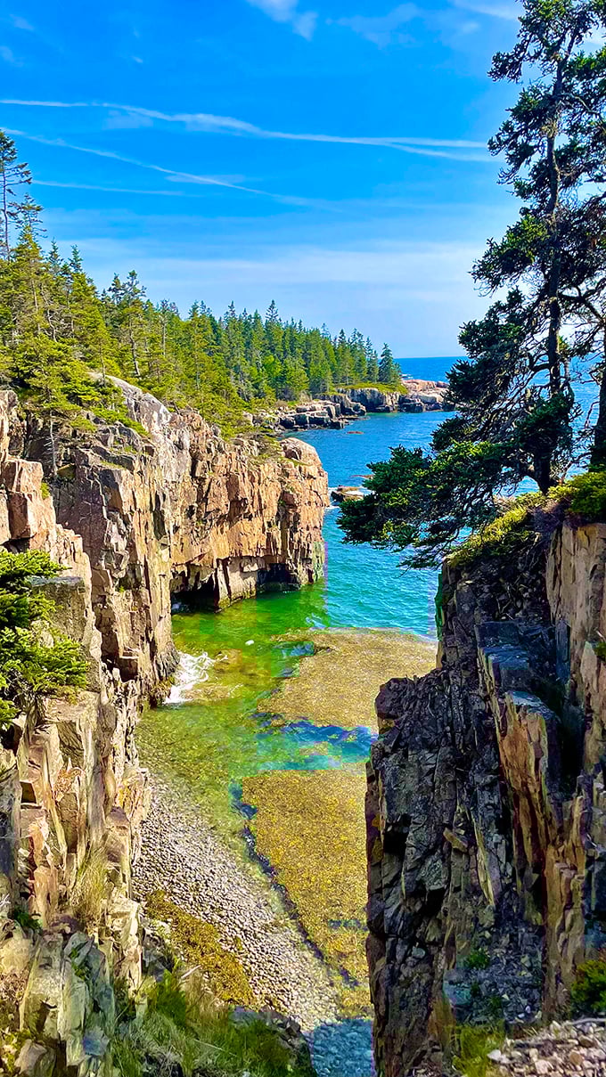Emerald waters whisper secrets to ancient stone walls, creating a hidden cove that feels like Maine's own private Caribbean.