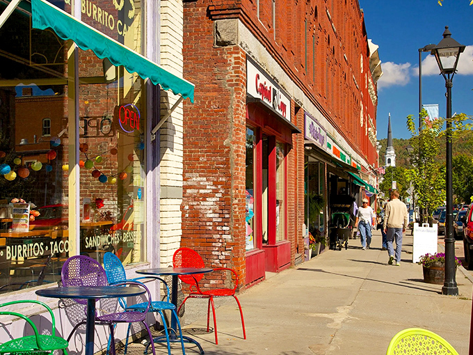 Brick-fronted shops with colorful awnings line Montpelier's walkable downtown, where local businesses thrive and chain stores dare not tread.