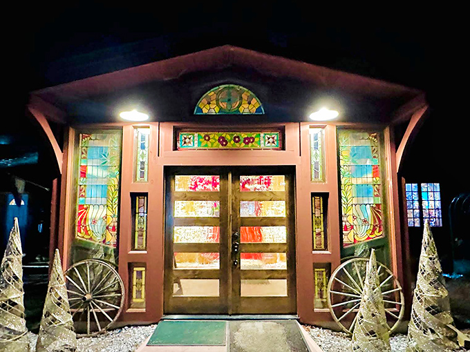 Stained glass transforms this entrance into a portal between worlds &ndash; part cathedral, part kaleidoscope, entirely magical.