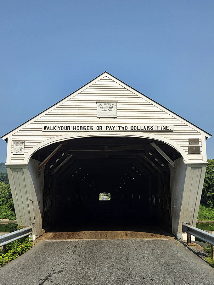Walk your horses or pay two dollars fine – a charming reminder of simpler times greets visitors at the bridge entrance.