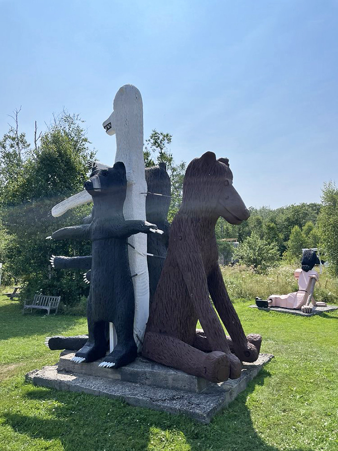 Three bears – black, white, and brown – stand in silent conference, like woodland diplomats discussing important forest matters.