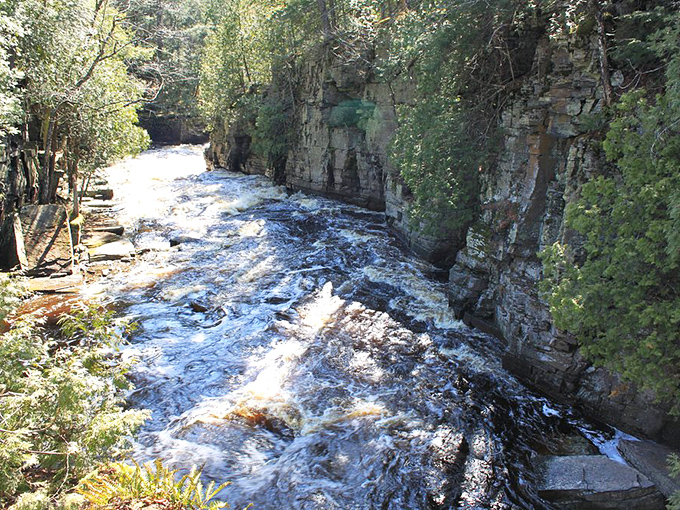 The Sturgeon River flexes its muscle through the narrow gorge, a rushing display of water's patient power over stone.