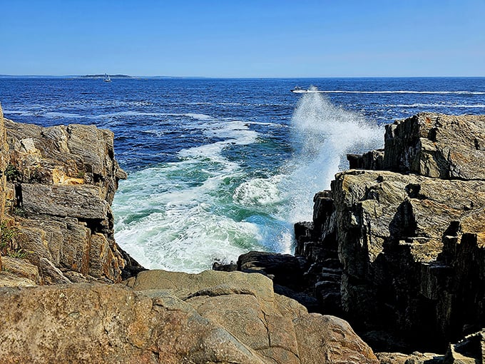 Ocean drama at its finest! Waves crash against Bailey Island's rugged shoreline, creating a spectacle that no IMAX screen could ever match.