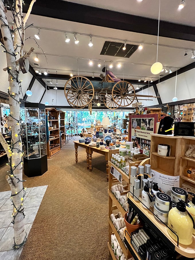 Step inside and be transported to a wonderland of Vermont craftsmanship, where wagon wheels hang from exposed beams above carefully curated displays.