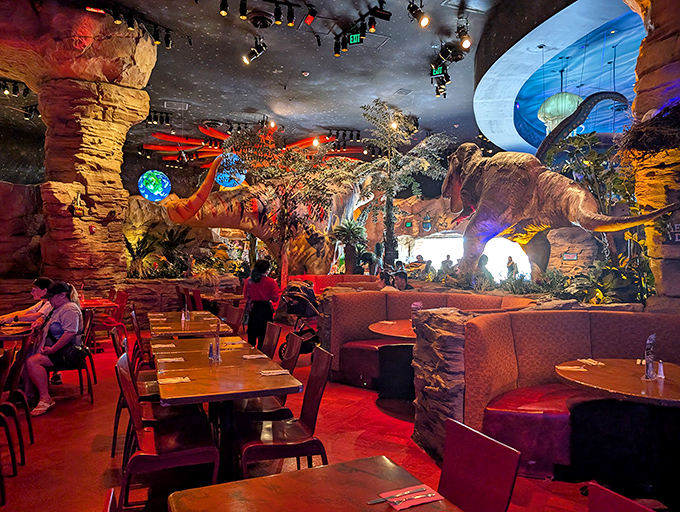 Dine under the watchful eyes of prehistoric beasts in this immersive dining room that brings the Mesozoic Era to life.
