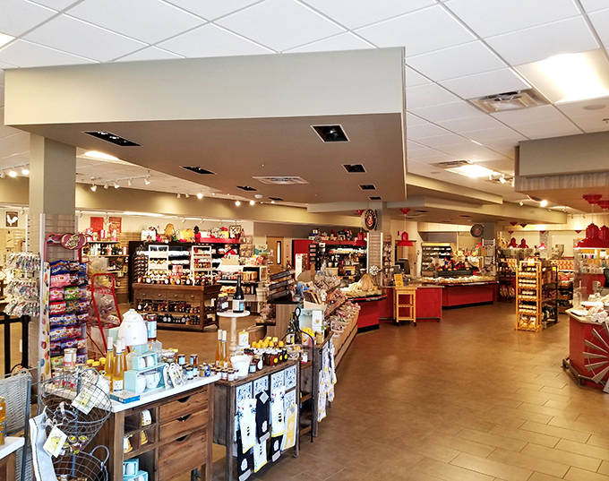 Inside this cheese paradise, shelves burst with gourmet treasures. It's like Willy Wonka's factory, but the river is cheese instead of chocolate.