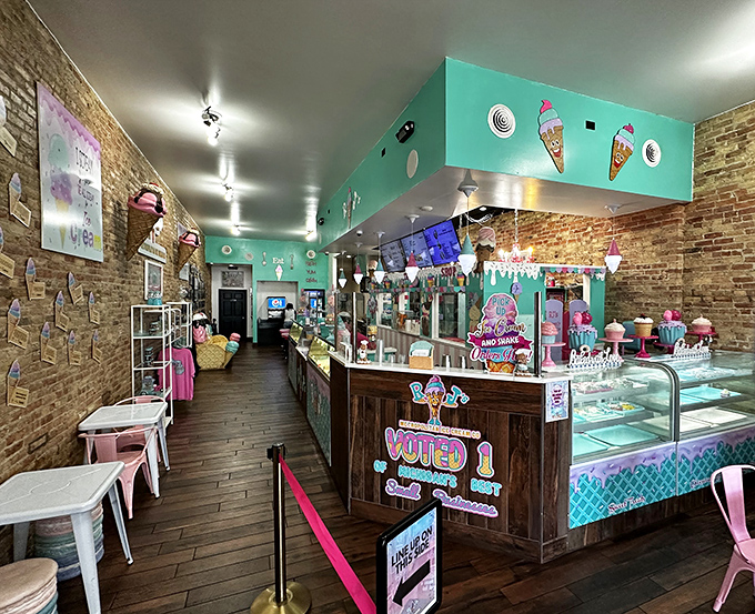 Step inside and feast your eyes on this retro-meets-modern wonderland, where exposed brick walls frame a mint-green ice cream paradise.