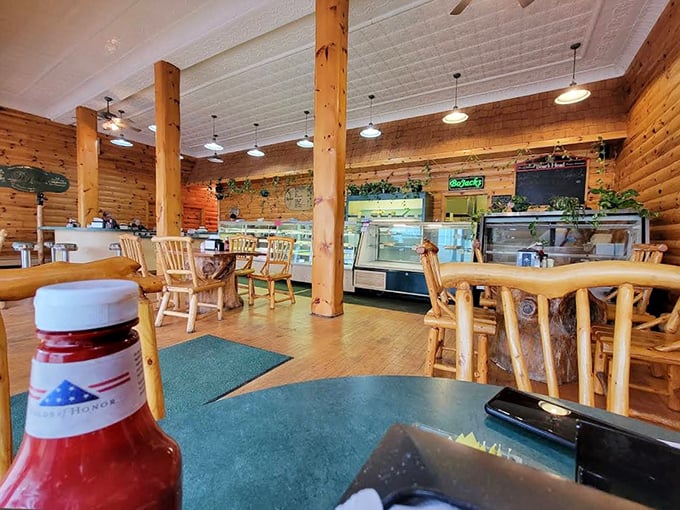 Inside, warm wood surrounds you like a hug, with rustic beams and cabin vibes creating the perfect backdrop for serious comfort food indulgence.