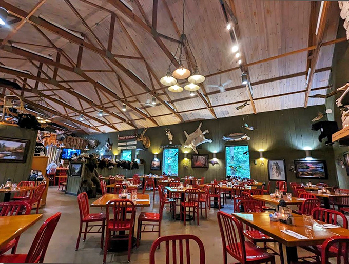 Soaring wooden ceilings and mounted wildlife create the perfect northwoods dining atmosphere &ndash; like eating in a luxurious cabin with friends.