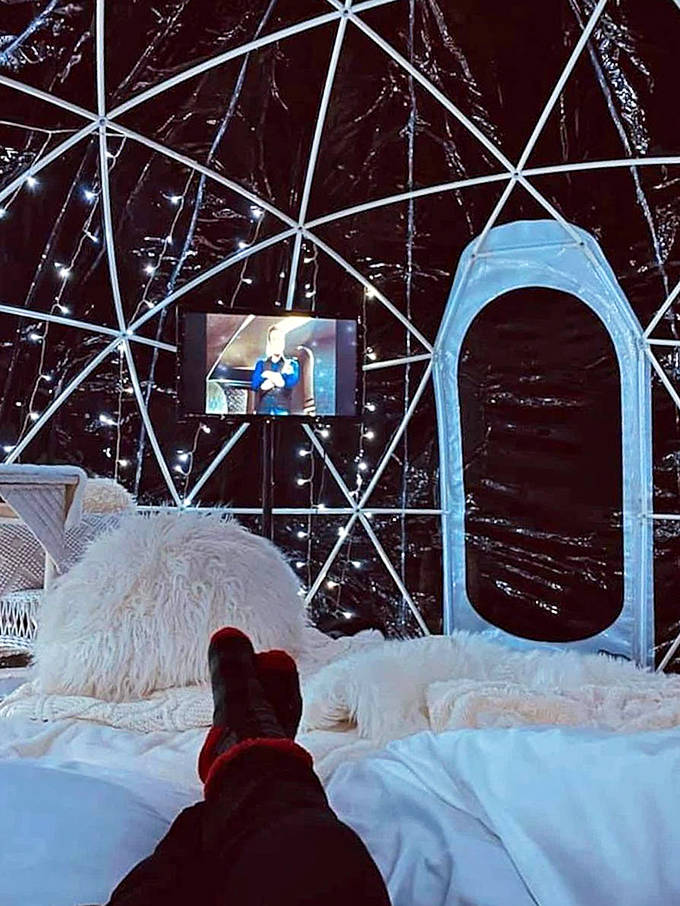 Cozy white bedding and string lights transform the transparent dome into a dreamy retreat where nature meets comfort.