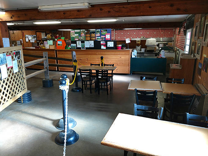 Inside the cozy market area, rustic wooden counters and warm lighting create the perfect atmosphere for browsing apple treasures and planning your orchard adventure.