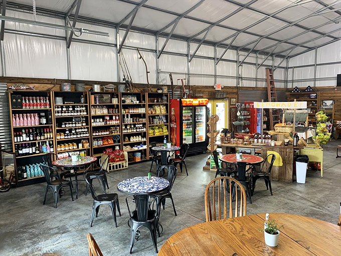 Industrial chic meets country charm in this surprisingly spacious interior where mismatched furniture somehow makes perfect sense.