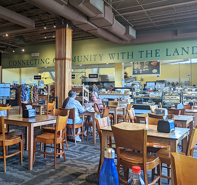 The warm, inviting interior of Pineland Farms' market and deli welcomes visitors with wooden accents and a philosophy that food connects us all.