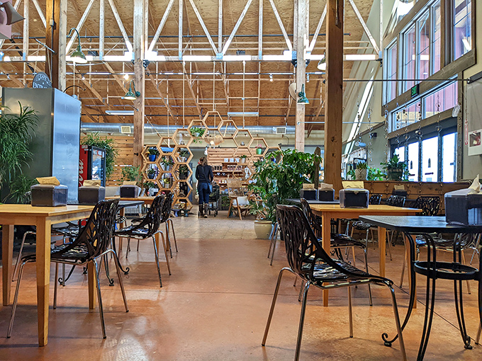Soaring ceilings and natural light create an airy sanctuary where eating lunch feels like a mini vacation from reality.