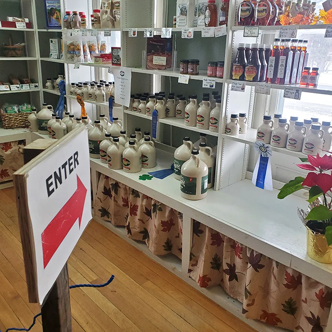 Inside, shelves overflow with maple syrup jugs like a liquid gold treasure room, making every visit feel like a sweet shopping spree.