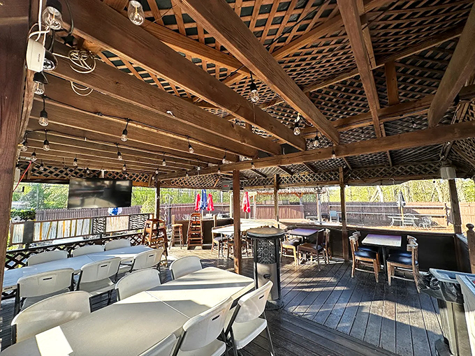 String lights and wooden beams create the perfect backdrop for devouring fair food without the crowds.