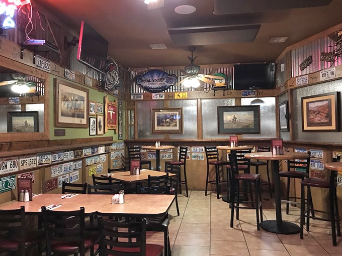Step inside and you're transported to license plate heaven! The warm wood paneling and vintage decor create that "I've discovered something special" feeling we all crave.