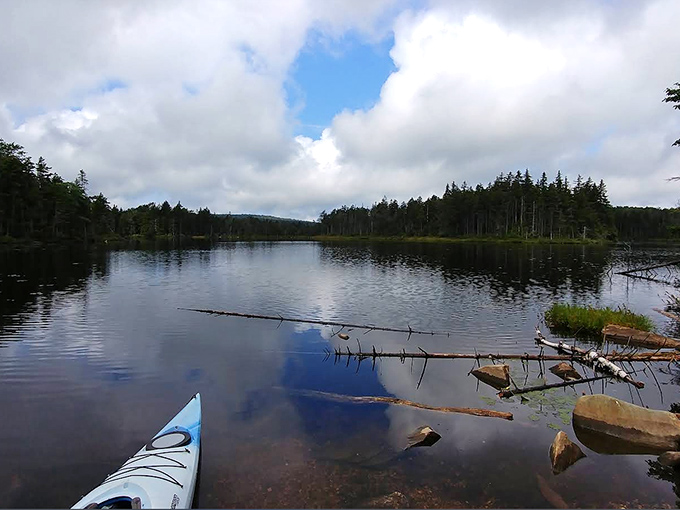 A lone kayak waits at the shoreline, promising adventures across Branch Pond's glassy surface where reality and reflection become delightfully confused.