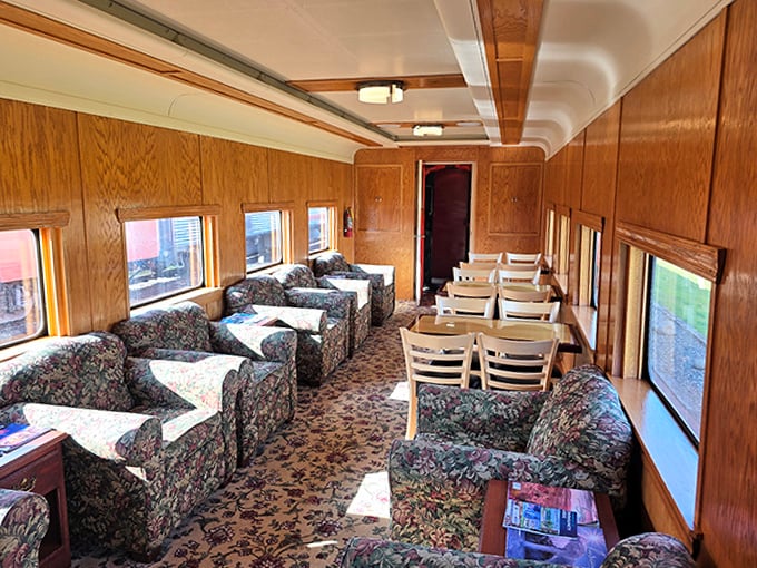 Plush floral armchairs invite passengers to sink in and watch Wisconsin roll by, like your grandmother's living room on wheels.