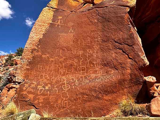 Ancient artistry meets desert canvas in petroglyphs that make modern street art look like finger painting.