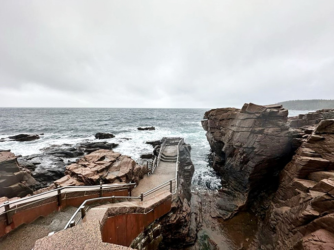 The rugged Maine coastline reveals its dramatic personality where pink granite meets the relentless Atlantic &ndash; a geological handshake millions of years in the making.