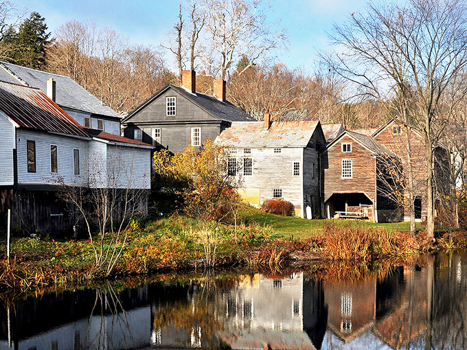 Riverside reflections capture Putney’s historic mill buildings, beautifully preserved along the peaceful waters of Sacketts Brook.