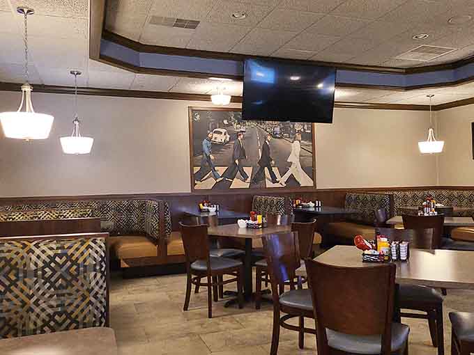 Abbey Road artwork sets the mood while comfortable booths invite you to settle in for a leisurely meal surrounded by music history.