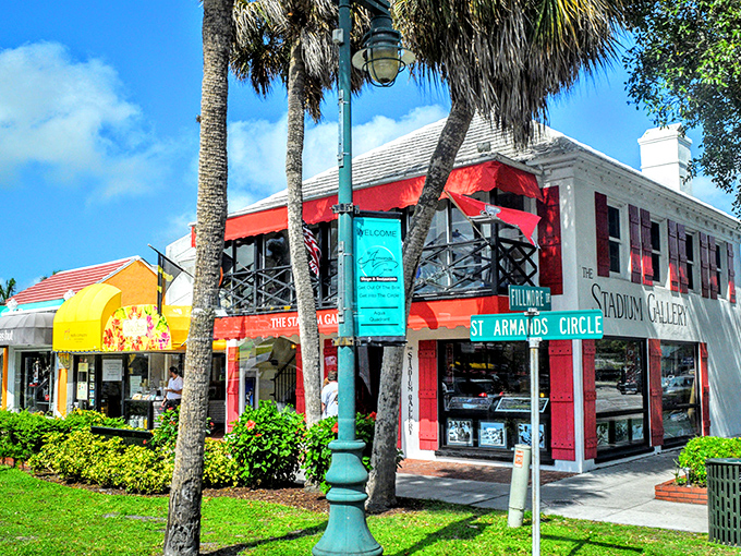 The iconic St. Armands Circle street sign welcomes visitors to a world where shopping transcends the ordinary and becomes an art form.