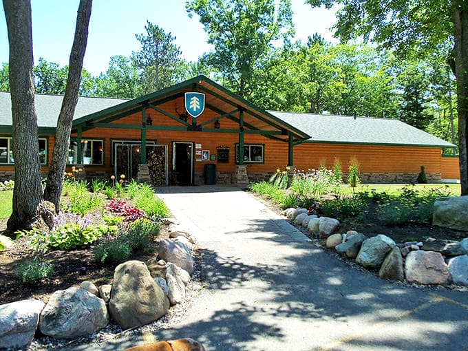The welcoming lodge entrance, where wilderness meets warmth and the adventure begins with actual roof coverage.