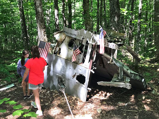 Visitors pause to reflect beside the aircraft remains, the forest's verdant backdrop creating a natural memorial hall.