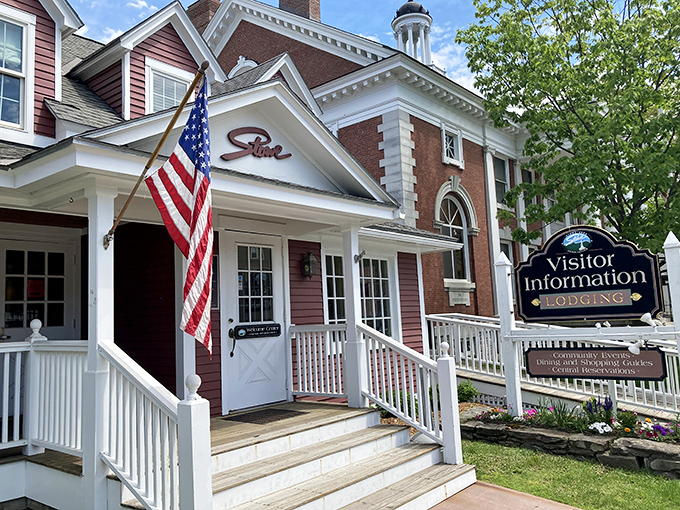 The welcoming Visitor Center stands ready to guide explorers through Stowe's treasures, complete with that quintessential New England charm.