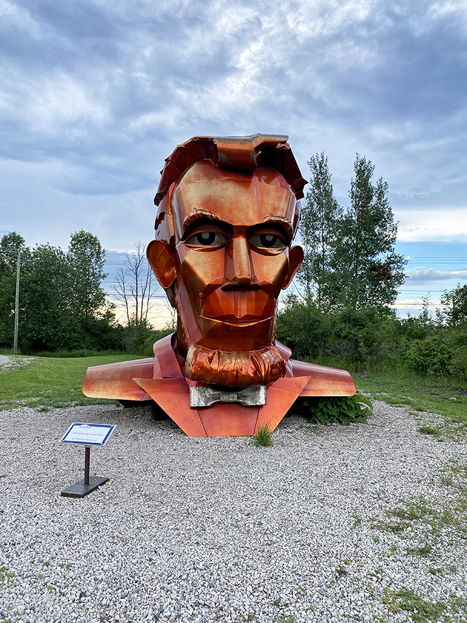 Honest Abe watches over visitors with his copper-toned gaze, looking like he just stepped out of a steampunk convention.