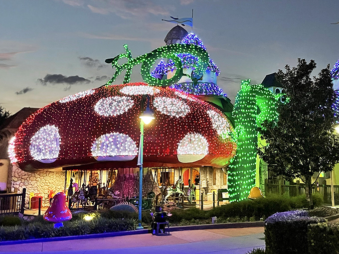 As night falls, the carousel transforms into a twinkling wonderland of lights, spinning dreams into reality for special visitors.