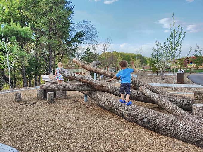 Little explorers conquer fallen logs like tiny mountaineers, proving nature makes the best jungle gym money can't buy.