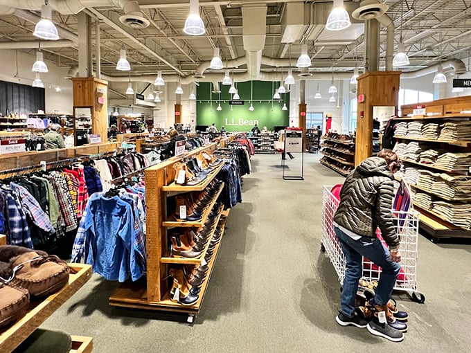Inside L.L. Bean, where the great outdoors meets great indoor shopping. Even the mannequins look ready for an impromptu hiking expedition!