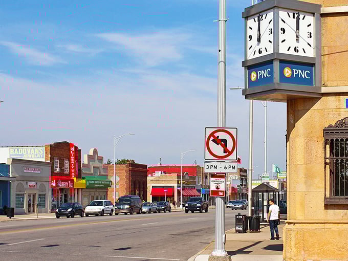 The iconic PNC clock stands sentinel over downtown Hamtramck, where time seems to move at its own pace in this vibrant cultural melting pot.