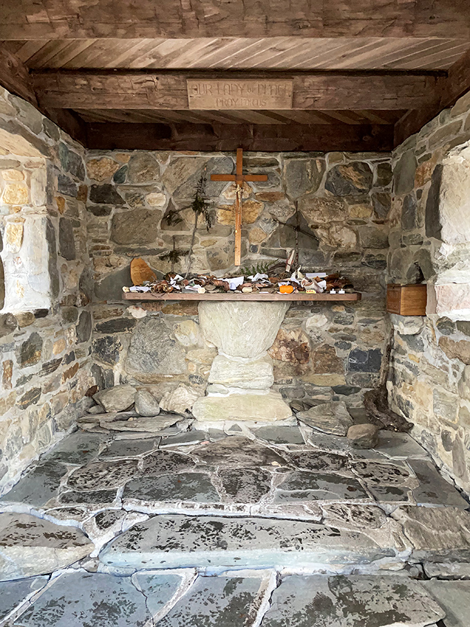 Inside, simple stone walls and wooden beams create an intimate sanctuary where even your thoughts seem to echo less loudly.