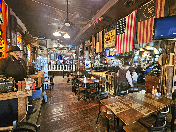 Step inside and history envelops you, American flags hang from the ceiling while memorabilia covers every inch of wall space.