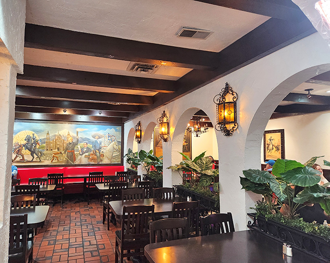 The dining room's Spanish-inspired architecture transports you from Detroit to Mexico with arched doorways and wrought iron accents.
