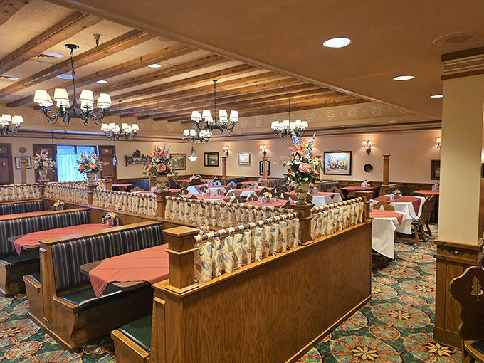 Wooden booths and warm lighting create the perfect backdrop for memory-making meals, like dining in a German grandmother's fancy parlor.