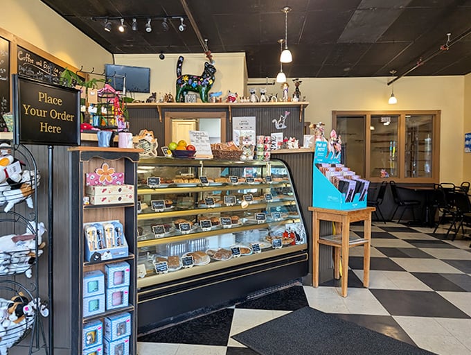 Sweet temptations await at the counter, where pastries and cat-themed delights compete for your attention.