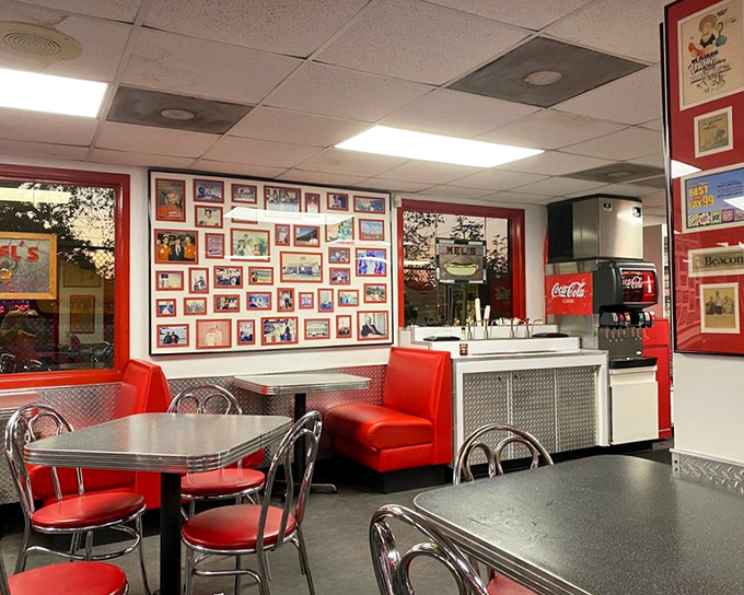 Step inside to a time capsule of Americana – red vinyl booths, chrome accents, and walls covered with decades of memories and memorabilia.