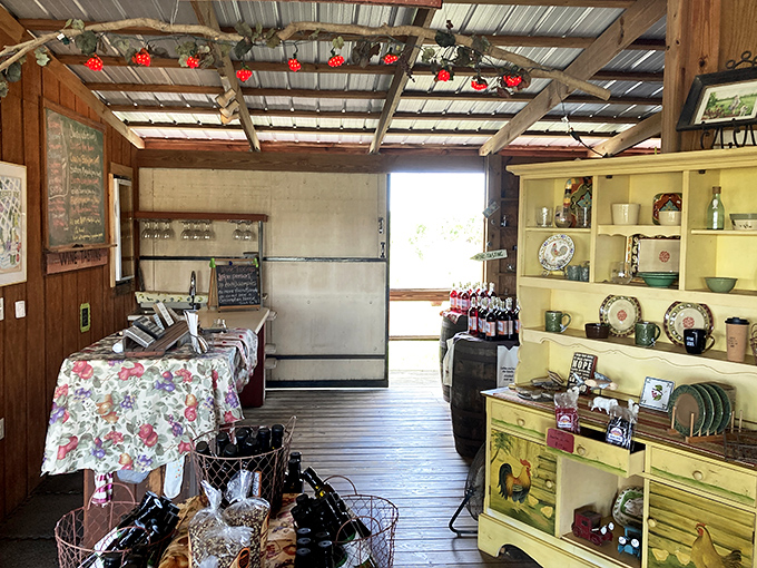 Step inside to discover a cozy interior where rustic meets refined, with homespun touches that make wine tasting feel like visiting a friend's country kitchen.