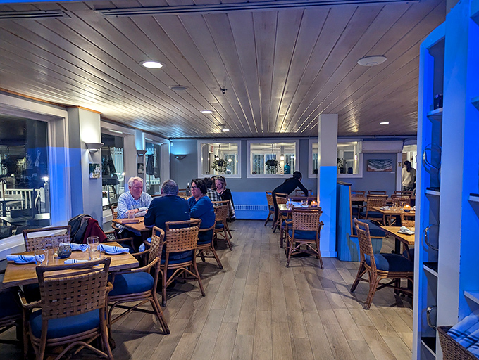 Inside, warm wood tones and nautical blues create the perfect backdrop for seafood feasts. Like dining in a stylish captain's quarters, minus the seasickness.